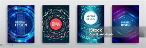 파란색 레이아웃 미래 브로셔 전단지 플래카드 현대 과학 및 디지털 기술 개념 브로셔또는 하이테크 요소 배경으로 커버를 위한 벡터 템플릿입니다 0명에 대한 스톡 벡터 아트 및