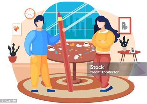 저녁에 집에서 보드 게임을하는 커플 만화 일러스트 레이 션 아늑한 거실 분위기 2명에 대한 스톡 벡터 아트 및 기타 이미지