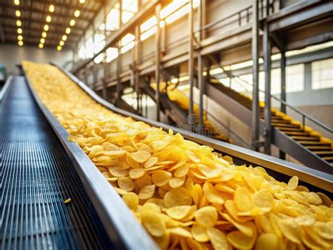 A Modern Snack Food Manufacturing Line Golden Potato Chips Moving Efficiently Along A Conveyor