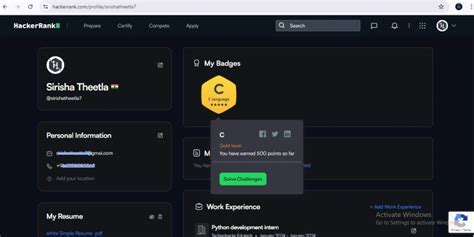 got a 5 star rating on hackerrank for c programming sirisha theetla posted on the topic linkedin