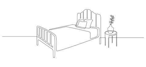 꽃병과 식물이있는 더블 침대와 테이블의 연속 한 줄 그리기 간단한 선형 스타일의 아늑한 로프트 침실을위한 스칸디나비아 세련된