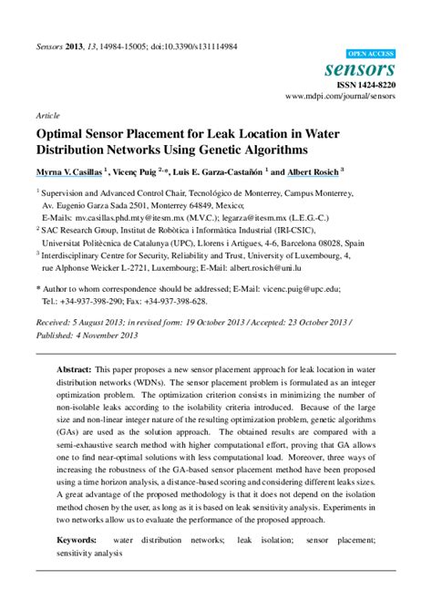 Pdf Optimal Sensor Placement For Leak Location In Water Distribution