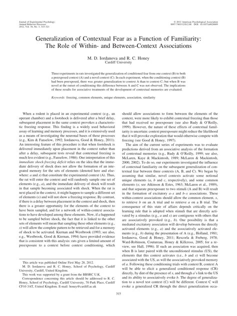 Pdf Generalization Of Contextual Fear As A Function Of Familiarity The Role Of Within And