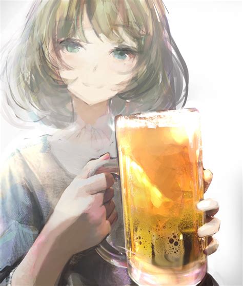 Safebooru 1girl Alcohol Beer Beer Mug Bob Cut Cup Green Hair