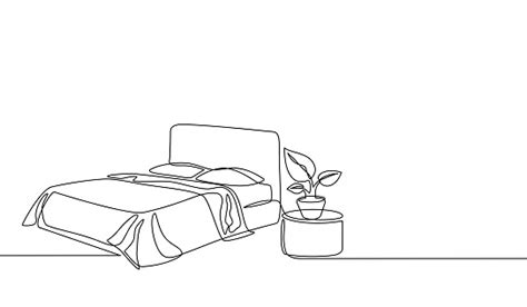 샹들리에와 테이블이있는 더블 침대의 연속 라인을 그립니다 미니멀리스트 싱글 라인 스타일의 침실을위한 현대적인 다락방 가구 낙서 스타일의 벡터 일러스트 레이 션 침실에 대한