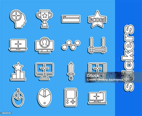 라인 컴퓨터 모니터 휴대용 비디오 게임 콘솔 라우터 및 Wifi 신호 비디오 계정 만들기 화면 노트북 헤드 헌팅 개념 및 공유 아이콘을 설정합니다 벡터 1위에 대한 스톡