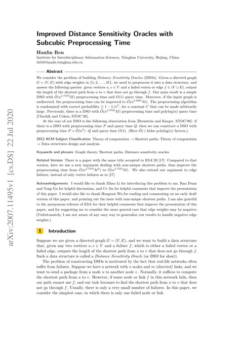 Pdf Improved Distance Sensitivity Oracles With Subcubic Preprocessing