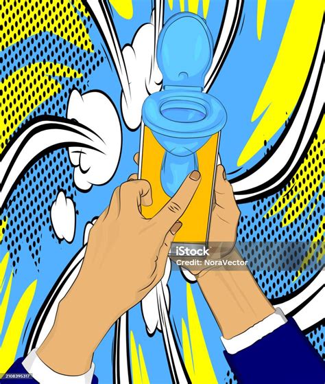 만화 스마트폰 만화책 화장실이 있는 전화기 복고풍 벡터 만화 팝 아트 디자인 화장실 가정용 시설에 대한 스톡 벡터 아트 및 기타