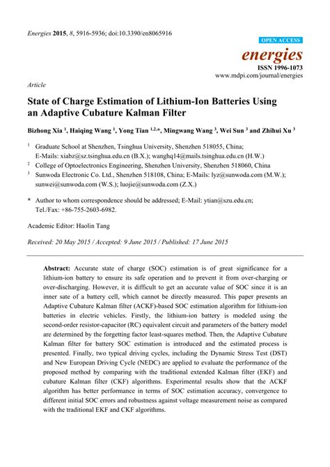 Pdf State Of Charge Estimation Of Lithium Ion Batteries Using An Adaptive Cubature Kalman Filter