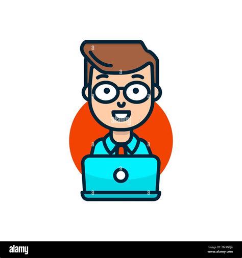 Man Behind Laptop Vector Illustration Smiling Businessman In Glasses Working Behind Desktop
