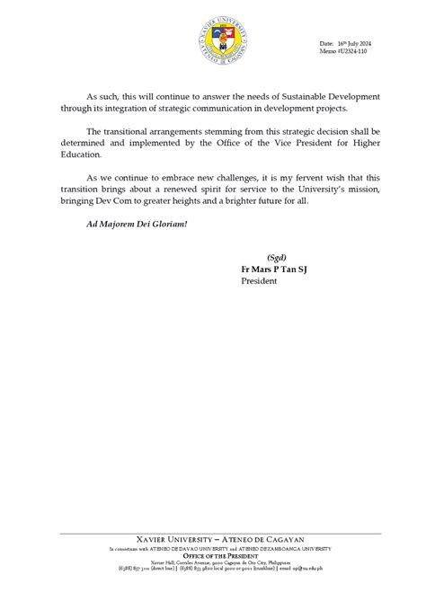 Xavier University Memo U2324 110 Transfer Of The Bs Development