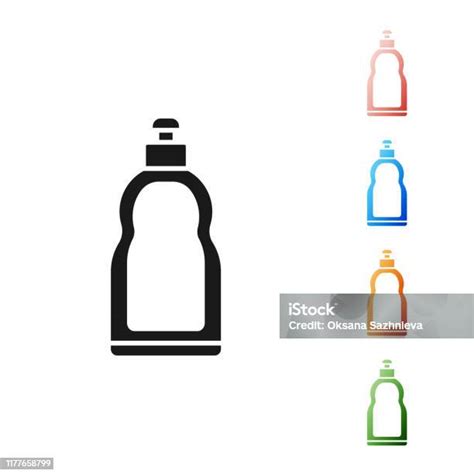 액체 세탁 세제 표백제 식기 세척액 또는 흰색 배경에 격리 된 다른 세정제 아이콘용 검은 색 플라스틱 병 다채로운 아이콘을 설정합니다 벡터 일러스트레이션 가사 집안일에 대한