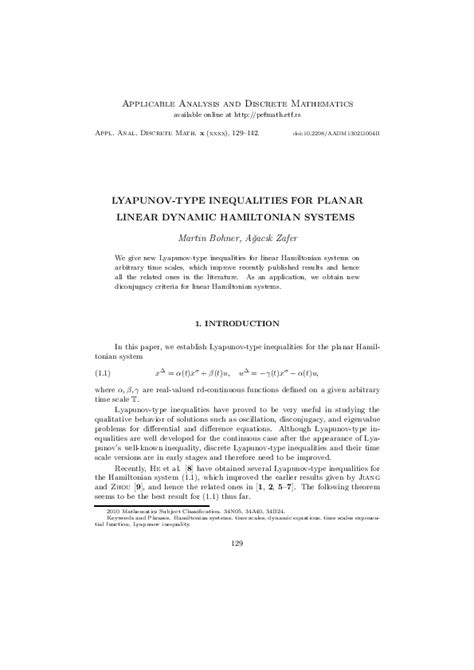 Pdf Lyapunov Type Inequalities For Planar Linear Dynamic Hamiltonian Systems