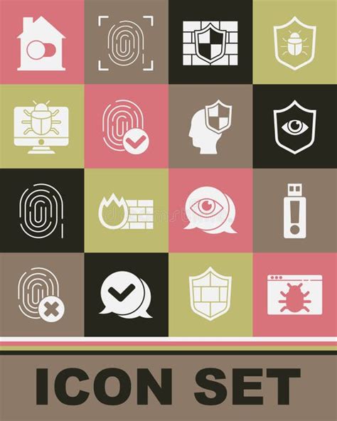 Set System Bug Usb Flash Drive Shield And Eye With Brick Wall Fingerprint On Monitor Smart
