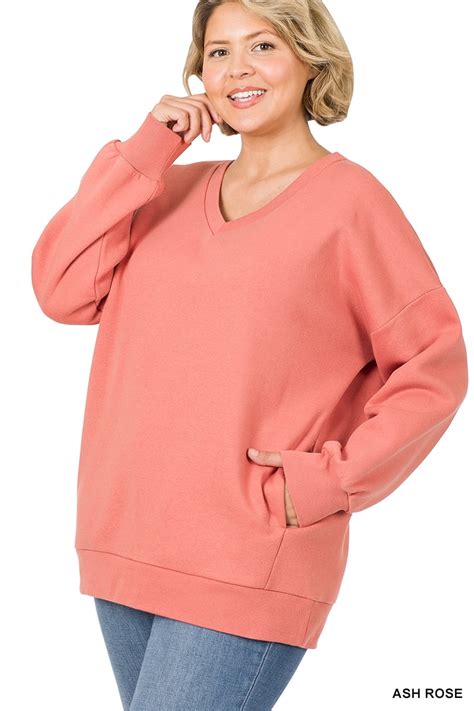 Zenana Women And Plus Basic Relaxed Long Sleeve V Neck Sweatshirts Wside