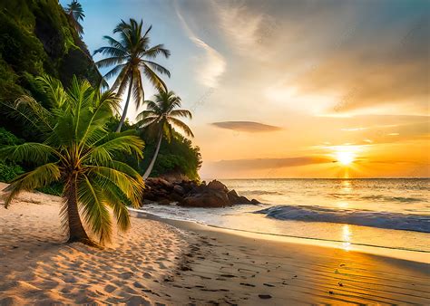 Sunset Int The Sea Sand Beach With Palm Trees Wallpaper Background Nature Wallpaper Wallpaper