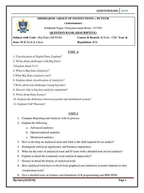 Question Bank For Big Data Analytics Course Covering Key Concepts And