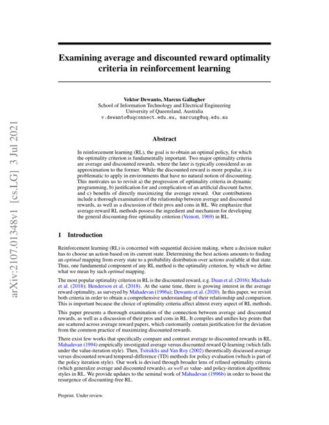 pdf examining average and discounted reward optimality criteria in reinforcement learning