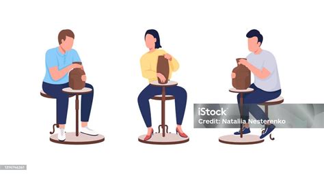 도자기 클래스 성인 학생 플랫 컬러 벡터 얼굴없는 캐릭터 세트 도예가에 대한 스톡 벡터 아트 및 기타 이미지 도예가 플랫