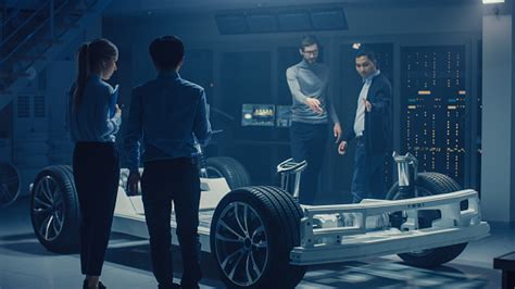 전기 자동차 섀시 플랫폼에서 일하는 자동차 엔지니어 팀 조치를 취하고 3d Cad 소프트웨어로 작업하고 효율성을 분석합니다 바퀴