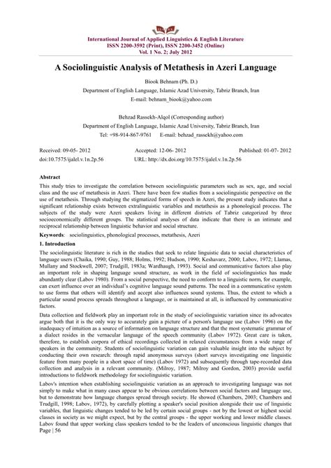 Pdf A Sociolinguistic Analysis Of Metathesis In Azeri Language