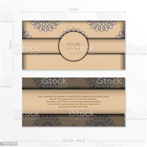 만다라 패턴이 있는 베이지 색의 엽서의 프린트 를 즉시 디자인합니다 텍스트 및 추상 장식을위한 장소가있는 카드 템플릿을 초대합니다 0명에 대한 스톡 벡터 아트 및 기타