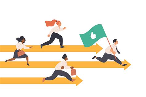 비즈니스 경쟁 성공 목표의 방향 직원들은 리더 뒤의 화살표를 따라 달립니다 경영자에 대한 스톡 벡터 아트 및 기타 이미지 경영자 경쟁 경쟁자 Istock