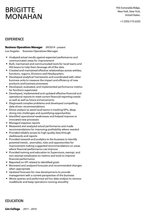 Business Operations Manager Resume Sample Velvet Jobs