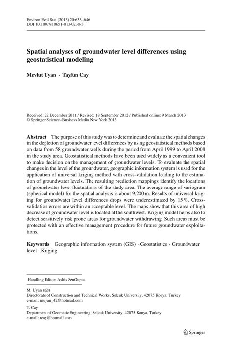 Pdf Spatial Analyses Of Groundwater Level Differences Using Geostatistical Modeling