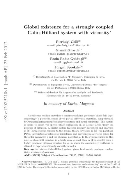 Pdf Global Existence For A Strongly Coupled Cahn Hilliard System With Viscosity