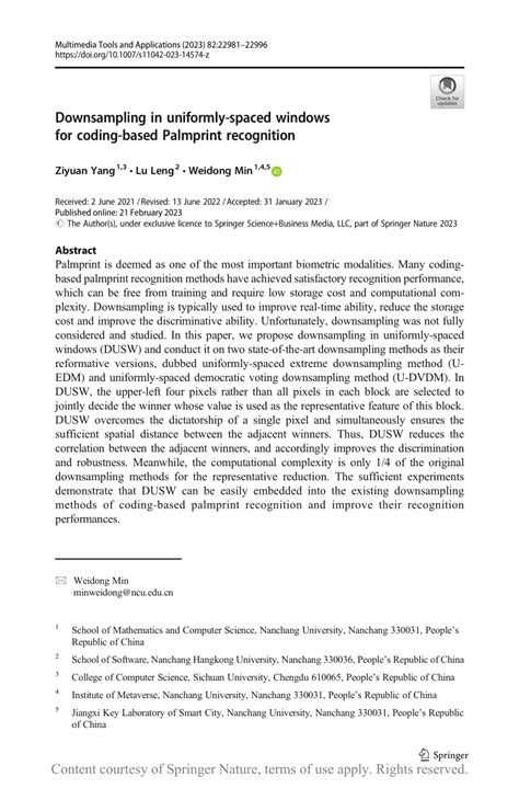 Downsampling In Uniformly Spaced Windows For Coding Based Palmprint