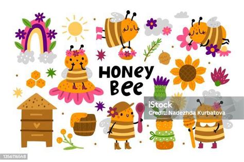 귀여운 꿀 양봉 재미있는 작은 윙윙 거리는 꿀벌이 날아 다니고 꿀을 모으고 꽃에 앉아 있으며 아이들은 사랑스러운 낙서 곤충 캐릭터입니다 해바라기 벌집 무지개 벡터 만화 고립
