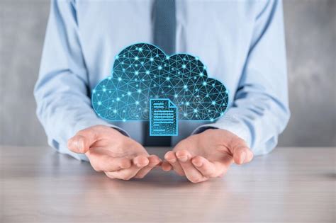 Cloud Technology Polygonal Wireframe Cloud Storage Sign With Document Icon On Dark Blue Stock