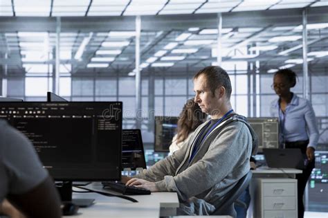 Man In Server Hub Workspace Monitoring And Analyzing Metrics Stock Image Image Of Audit