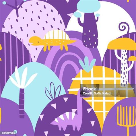 언덕에 공룡이 있는 보라색 쥬라기 패턴 아기 직물과 직물을 위한 추상적인 쥬라기 풍경이 있는 매끄러운 벡터 인쇄 공룡에 대한 스톡 벡터 아트 및 기타 이미지 Istock