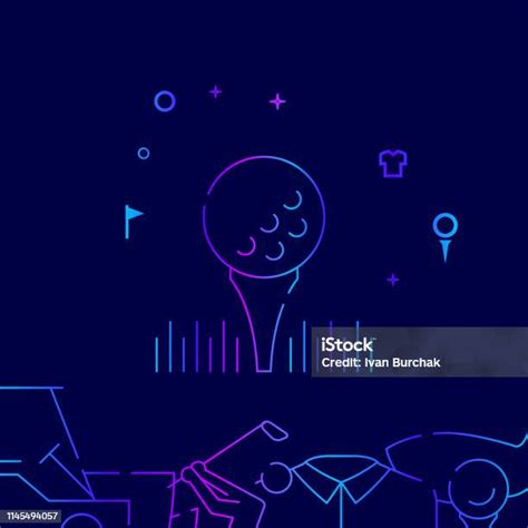 골프 볼과 잔디 벡터 라인 아이콘에 티 어두운 파란색 배경에 그림 관련 된 아래쪽 테두리 골프에 대한 스톡 벡터 아트 및 기타 이미지 Istock