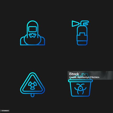 세트 라인 전염성 폐기물 방사선삼각형 원자로 작업자 및 소화기 그라데이션 색상 아이콘입니다 벡터 직업 안전 보건에 대한 스톡 벡터 아트 및 기타 이미지 Istock