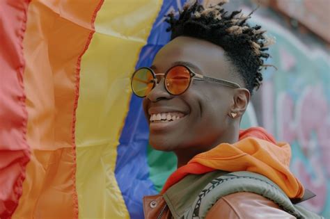 Premium Photo Smiling Non Binary Person Holding Pride Flag In Front
