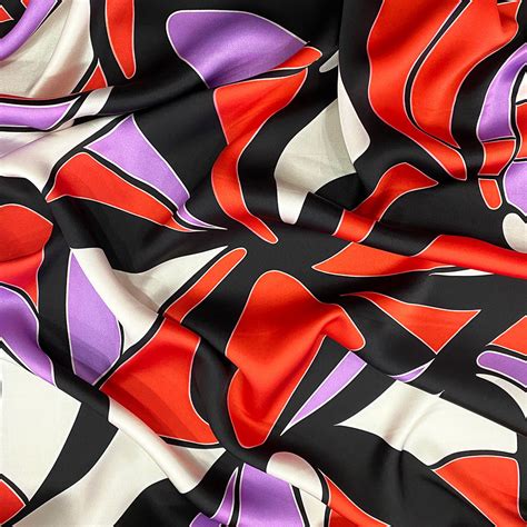 100 Silk Satin Fabric Printed With Orange And Purple Abstract Waves