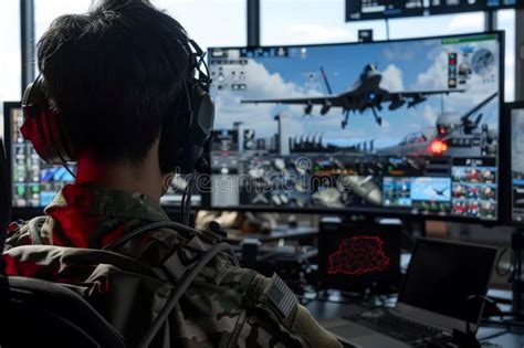 Soldier Command Operating At Control Panel In Monitoring War Room On War Base Generative Ai