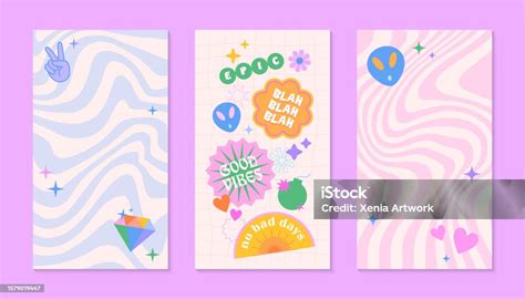 90년대 스타일의 패치와 스티커가 있는 벡터 인스타 스토리 템플릿 강렬하고 밝은 색상에 대한 스톡 벡터 아트 및 기타 이미지 강렬하고 밝은 색상 개념 개체 그룹