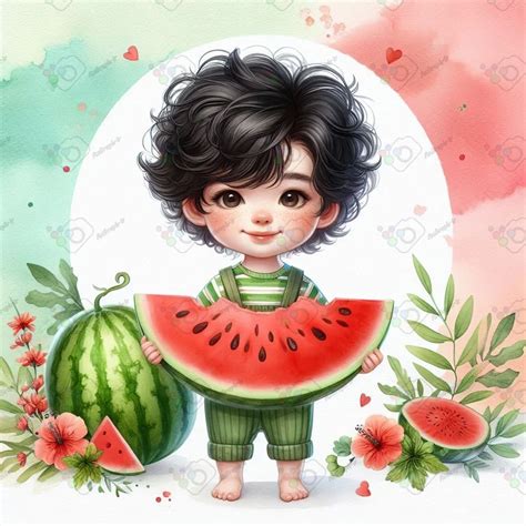 بک گراند کودکانه پسر بچه با مزه با قاچ هندونه در دست کد 43124 ویژه عکس گراف عکس گراف