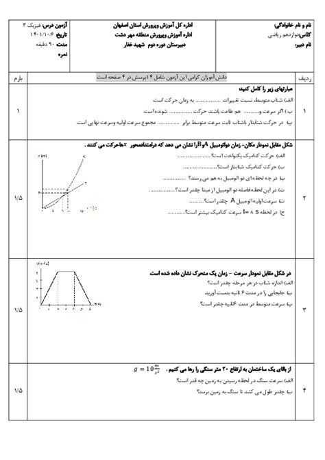 امتحان نوبت اول فیزیک 3 دوازدهم رشته علوم ریاضی دبیرستان شهید غفار زمانی دی 1401 گاما
