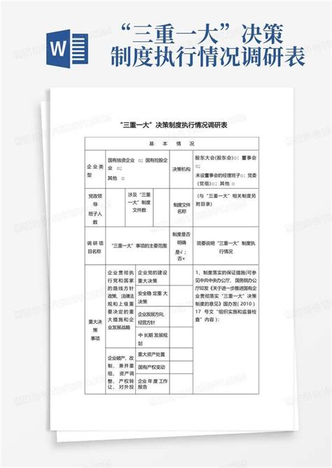 三重一大决策制度执行情况调研表 Word模板下载 编号qxwxkkyy 熊猫办公