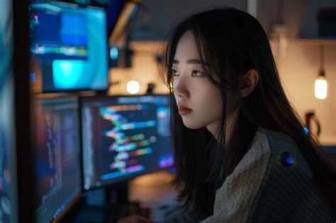 A Focused Asian Woman Sitting In Front Of A Computer Screen Debugging Software A Focused Asian