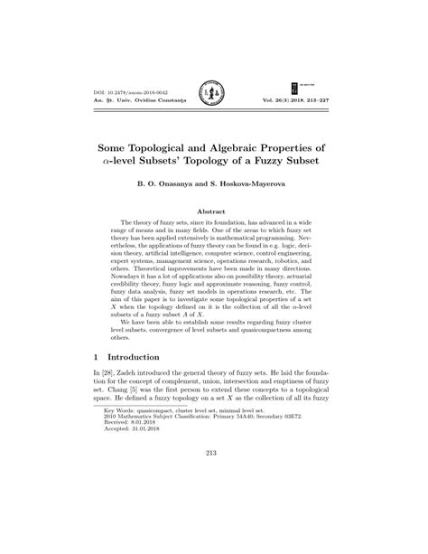Pdf Some Topological And Algebraic Properties Of α Level Subsets Topology Of A Fuzzy Subset