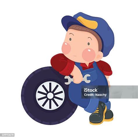 เด็กช่างซ่อมรถยนต์พิงยางรถยนต์ ภาพประกอบสต็อก ดาวน์โหลดรูปภาพตอนนี้ การขนส่ง หัวข้อ การ