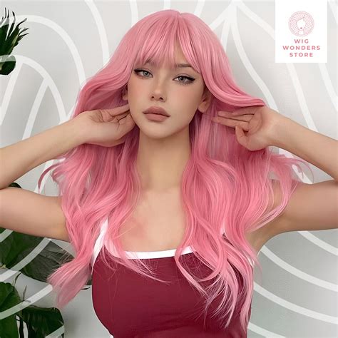 Pink Wig Wig Wigs Synthetic Wig Ombre Pink Woman Wig Wig With Bangs Long Wig Long Pink