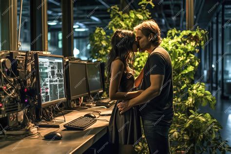premium photo a man and a woman programmers kissing in front of a