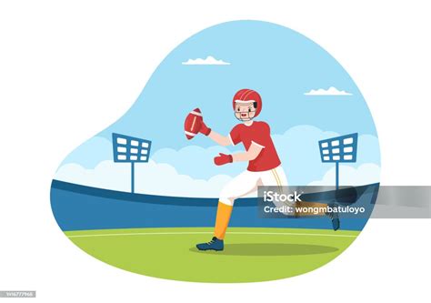 게임을 가진 미식 축구 스포츠 선수는 타원형 모양의 공을 사용하고 필드 손으로 그린 만화 플랫 일러스트레이션에서 갈색입니다 터치다운에 대한 스톡 벡터 아트 및 기타 이미지